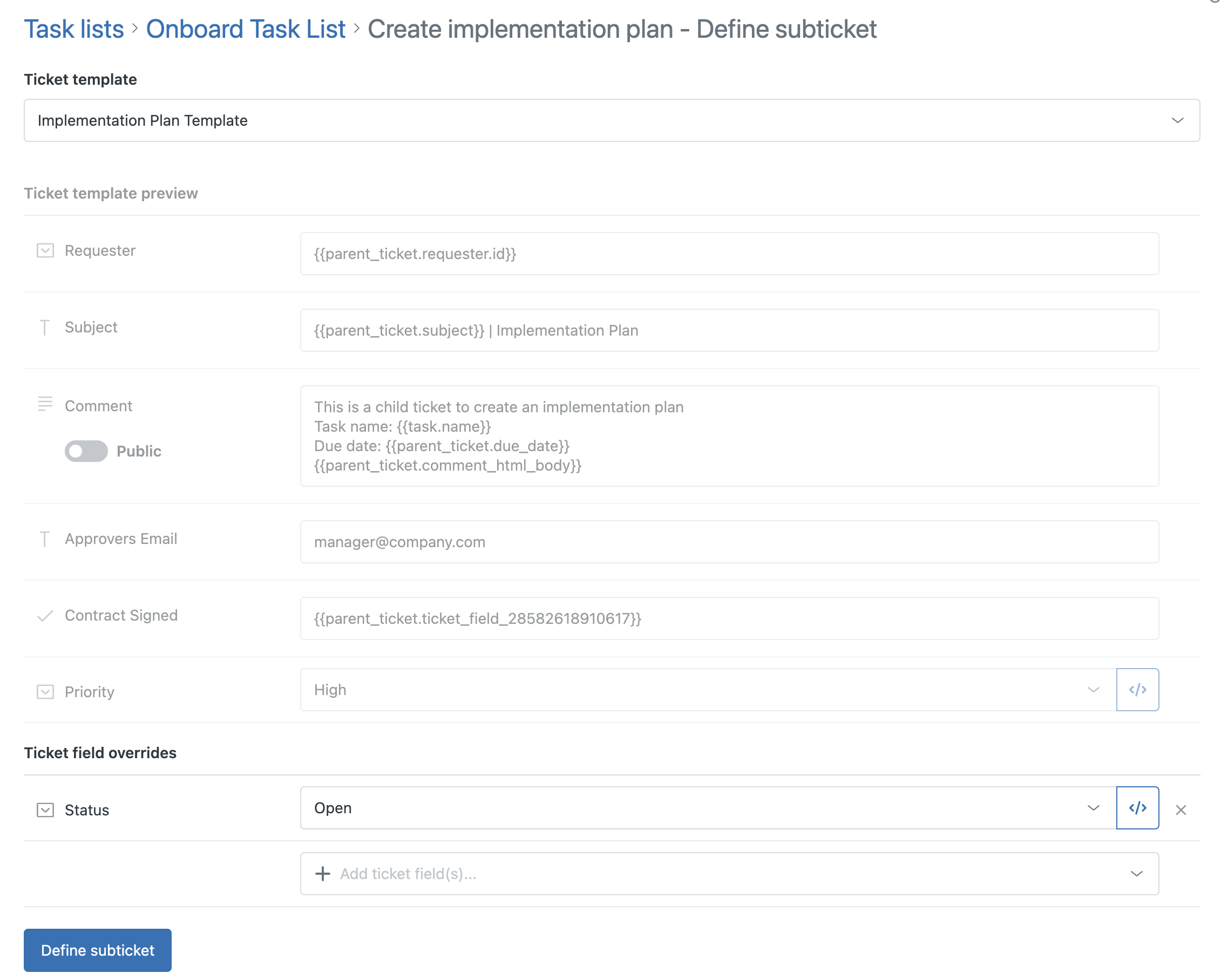 Templates for pre-filling subtask tickets – SweetHawk Help Center
